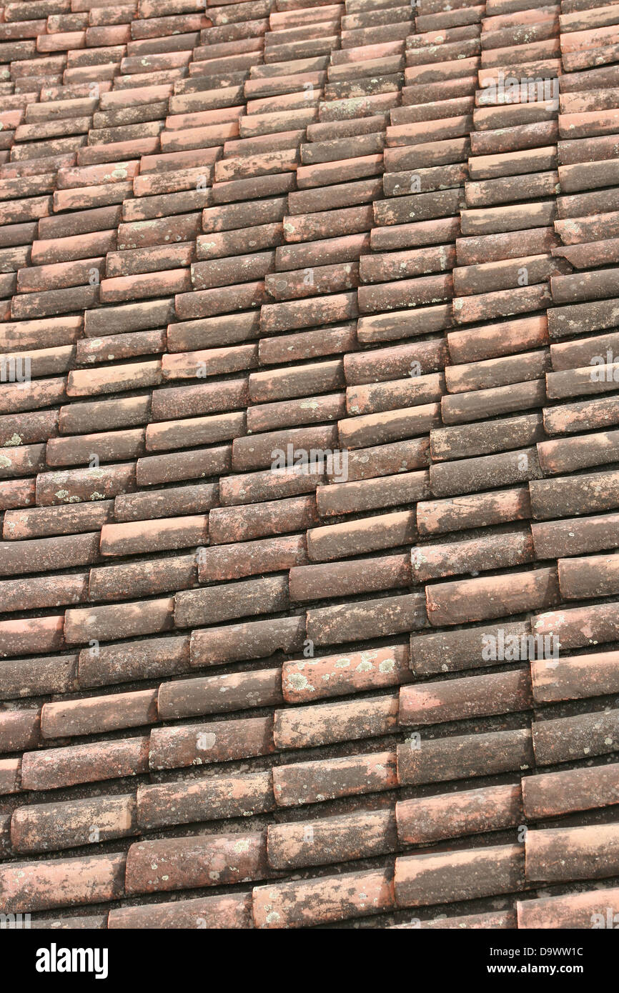 Terracotta shingles form an abstract background of color and shape on a ...