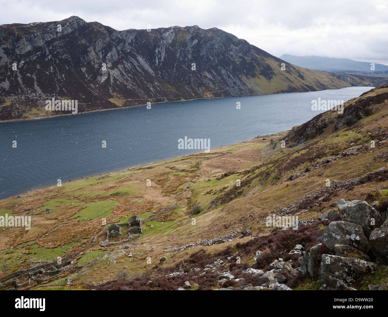 Llyn Cowlyd reservoir, beneath Creigiau Gleision, viewed from the ...