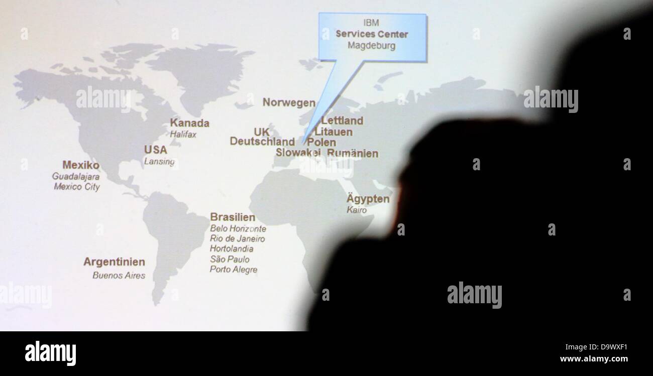 A worldmap with IBM location is presented at a press conference on a ...