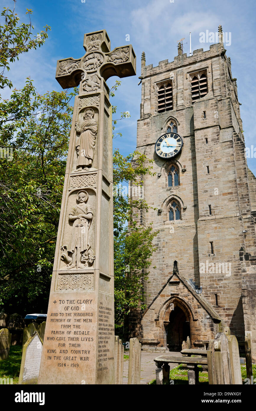 War memorial and St Gregory's Church Bedale market town in summer North ...