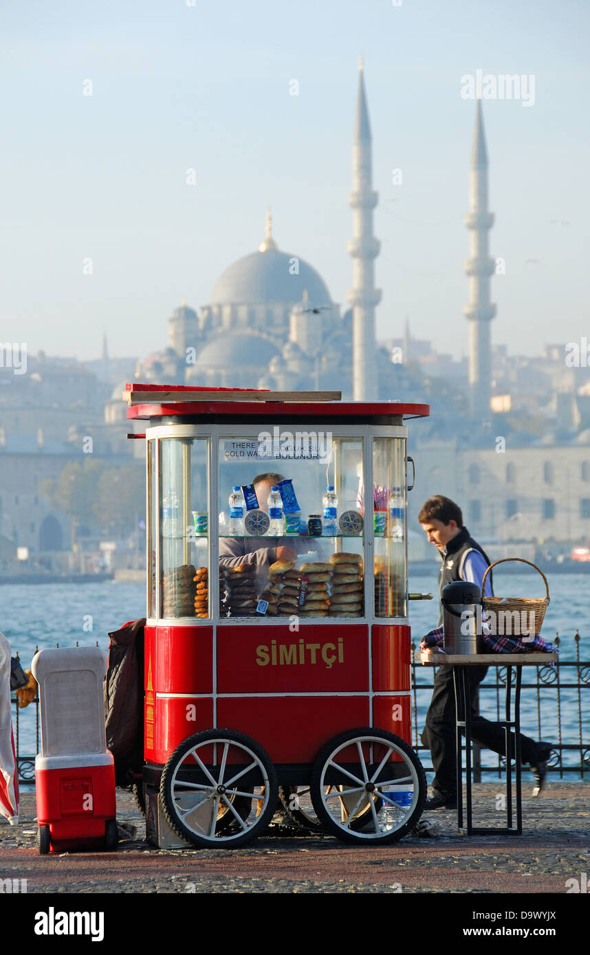 ISTANBUL, TURKEY. A simit cart on the Golden Horn waterfront in Karakoy ...