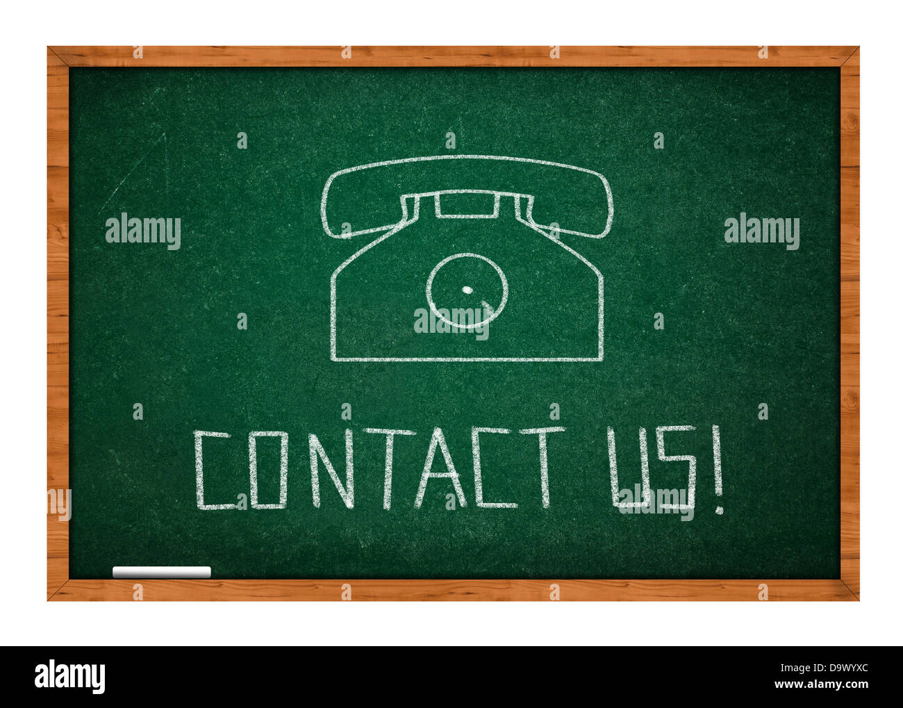 Contact us icon withe vintage telephone on green chalkboard with wooden ...