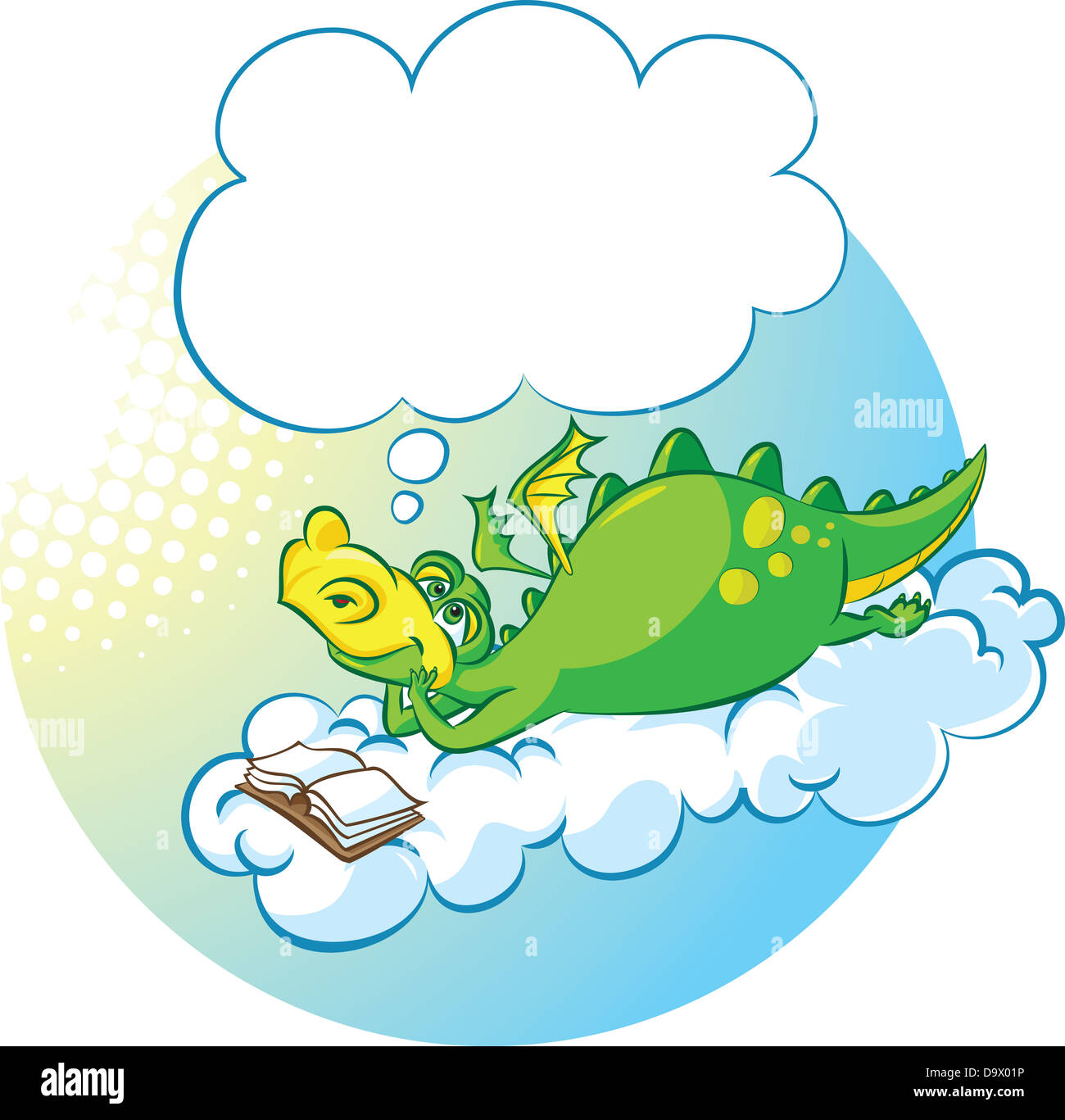 vector illustration of a reading and dreaming dragon lying on clouds ...