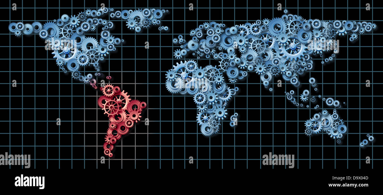 Latin America economy business concept with a world map made of gears ...