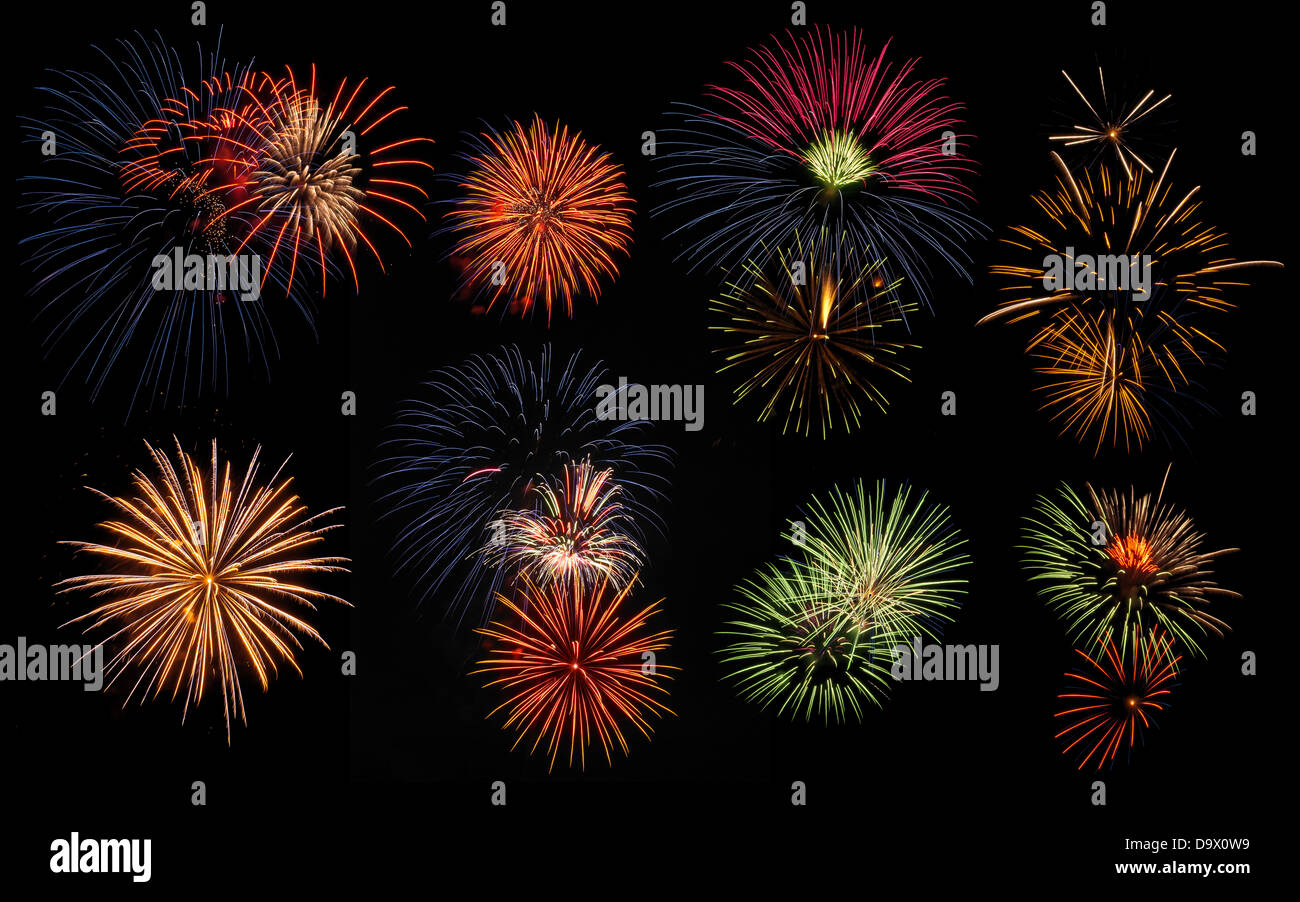 Collage of festive fireworks display in dark night sky Stock Photo - Alamy