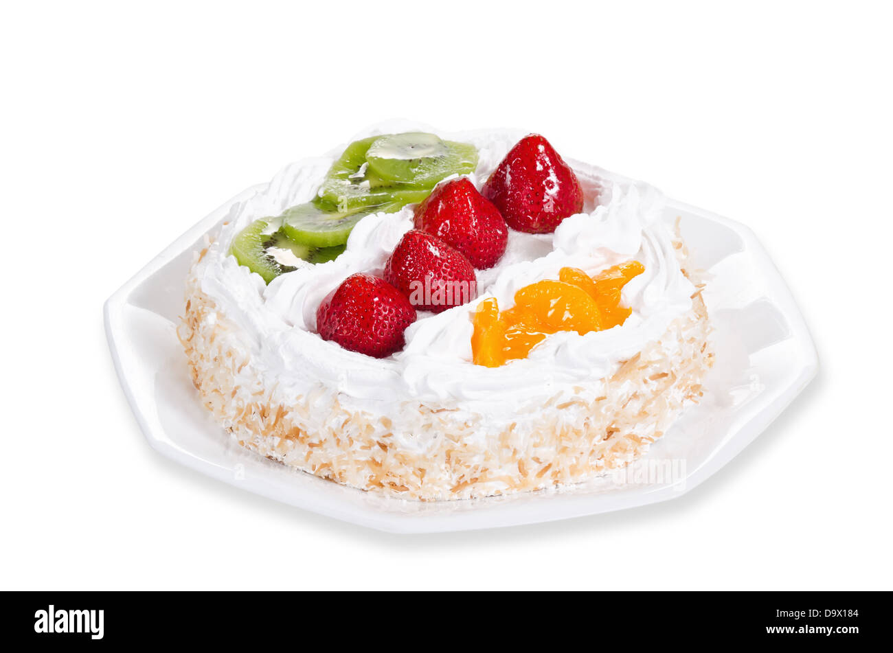Fresh fruit flan cake with cream on white background Stock Photo - Alamy