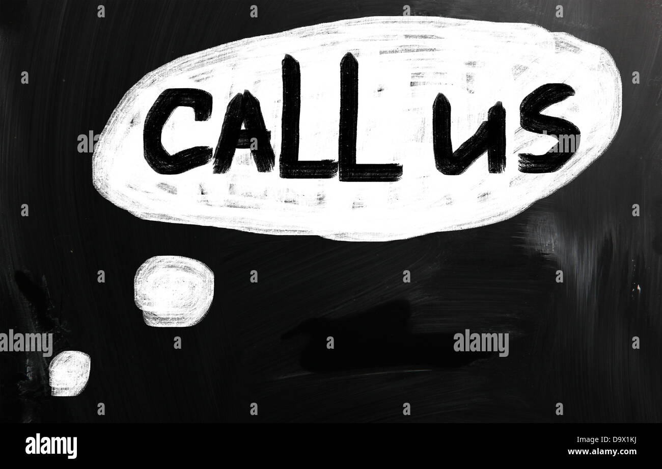 Call us handwritten with white chalk on a blackboard Stock Photo - Alamy