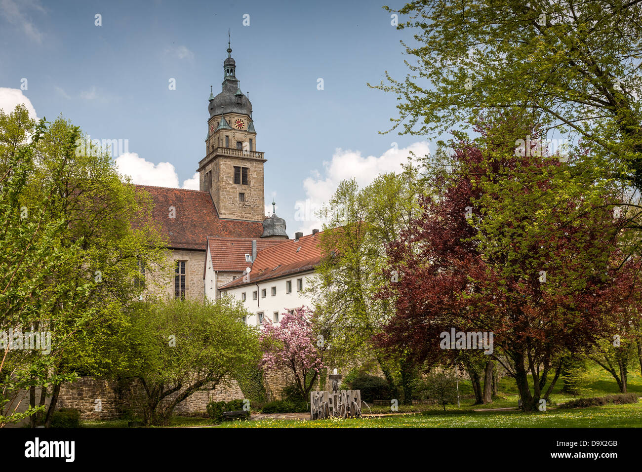 Neuenstein, Germany, Europe. Old traditional town buildings, church and ...