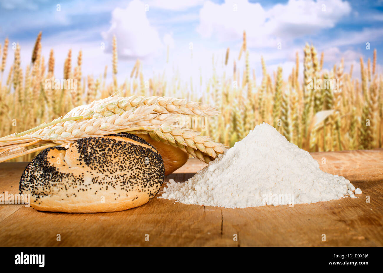 Bread, flour and wheat cereal crops. Cereal crops on the background ...
