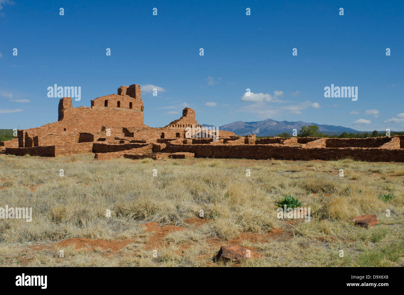 The Mission San Gregorio de Abo stands on a grassy field at the base of ...