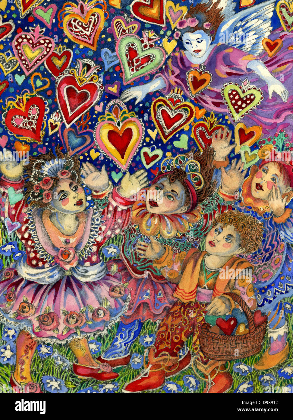 an angel hovers above children as hearts fall from the sky Stock Photo ...