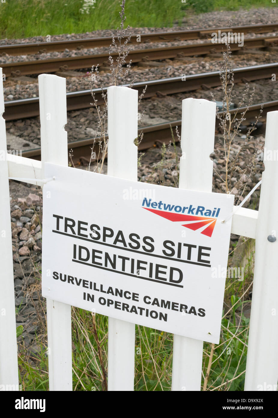 Network Rail surveillance cameras in operation sign near rail line ...