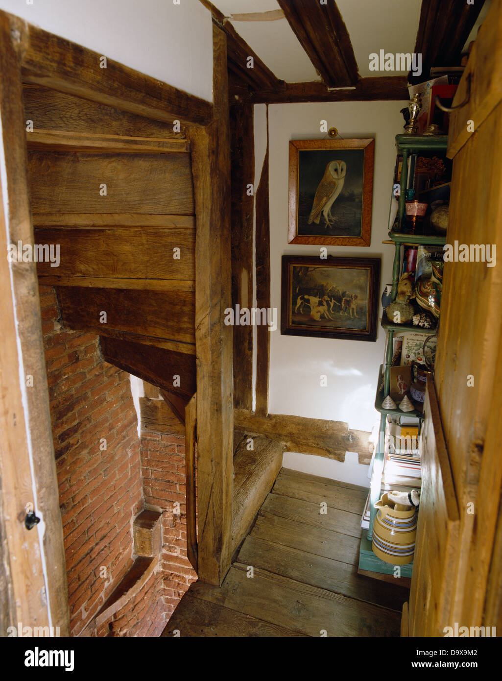 Original oak flooring and staircase in hallway of Tudor cottage Stock ...
