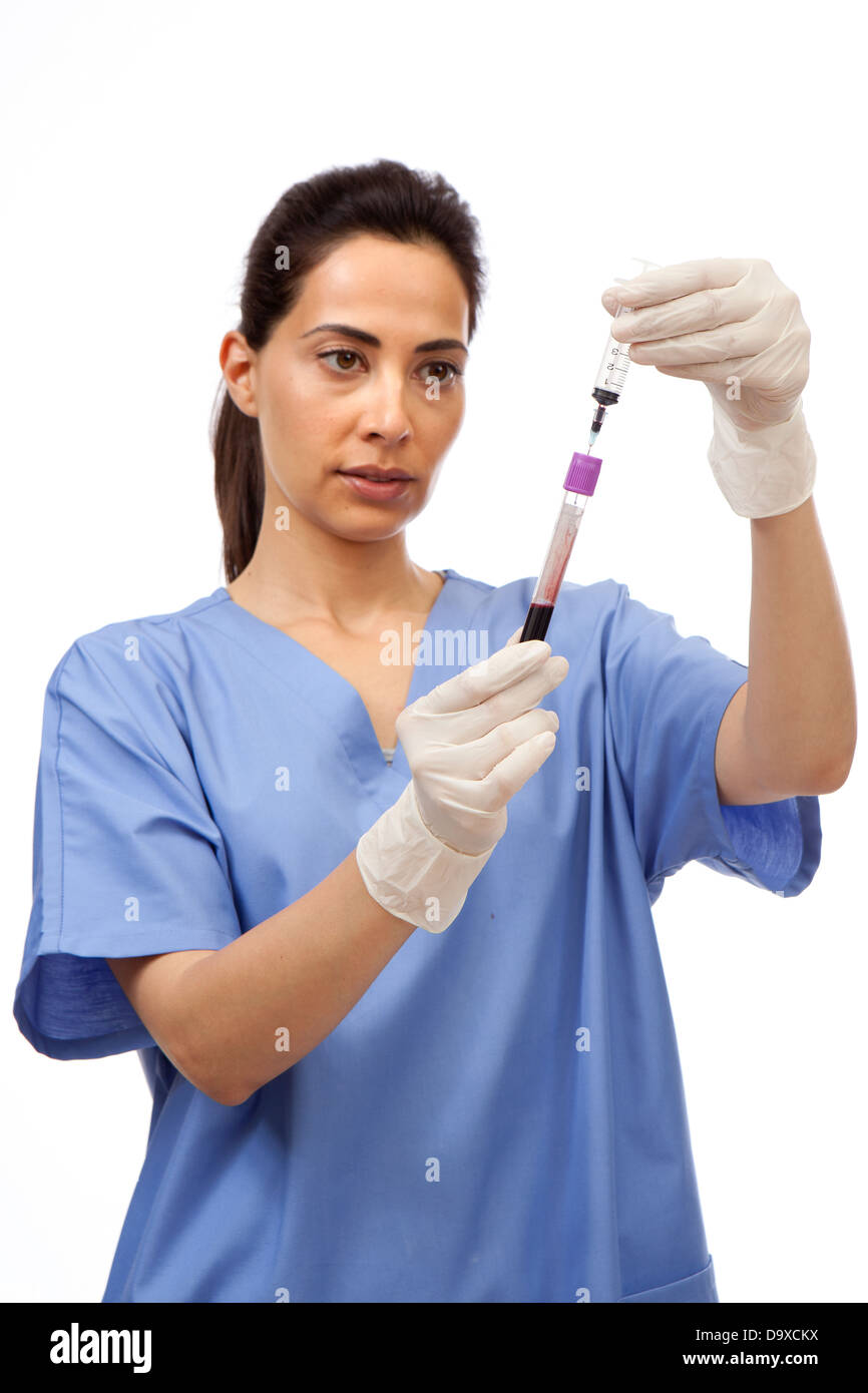 medical doctor female Asian nurse injecting blood sample with syringe ...