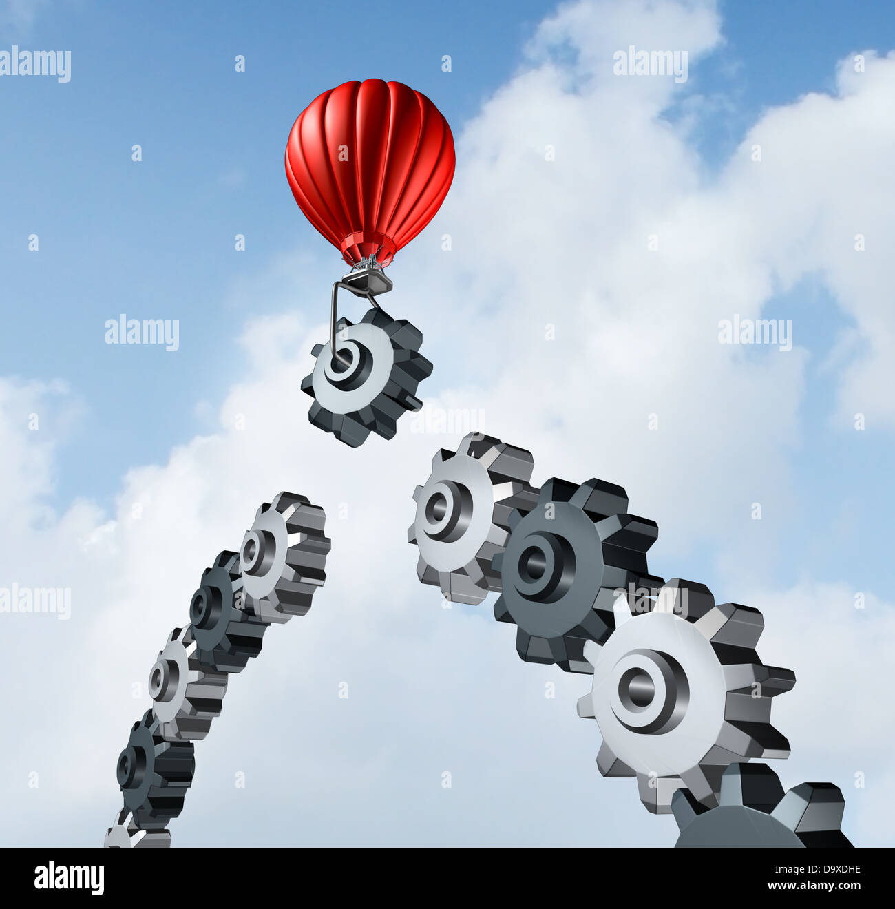 Business bridge building with a red hot air balloon lifting a gear up ...