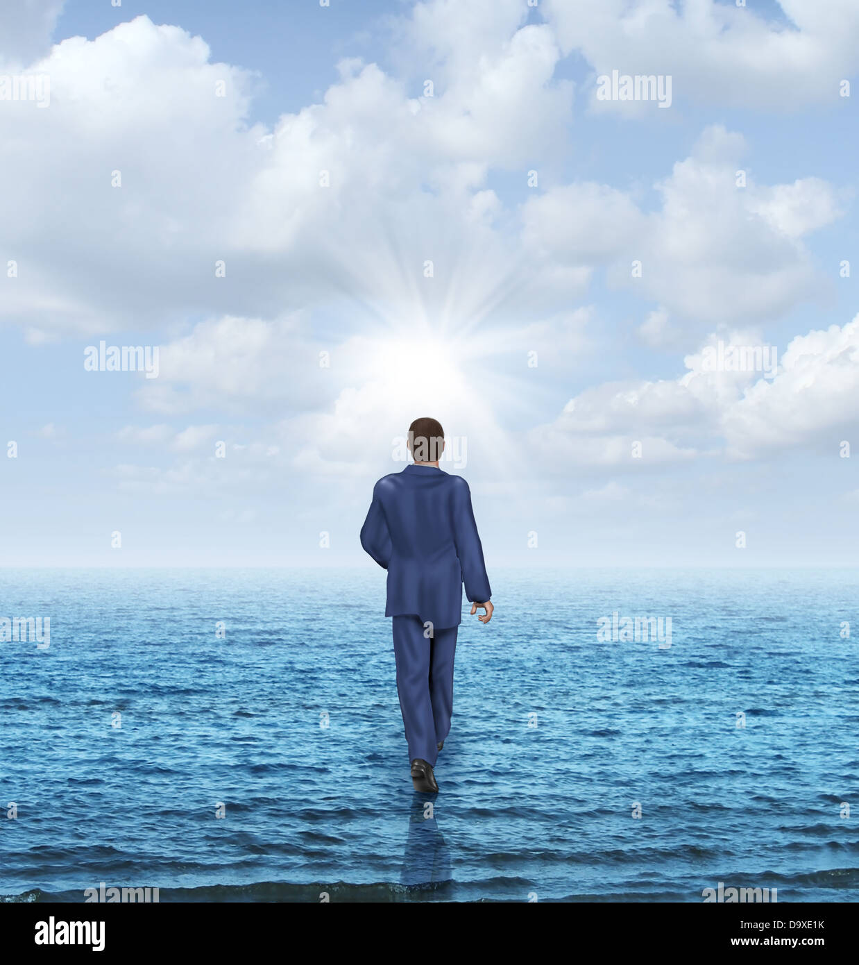 Walk on water with a businessman walking on the surface of an ocean as ...