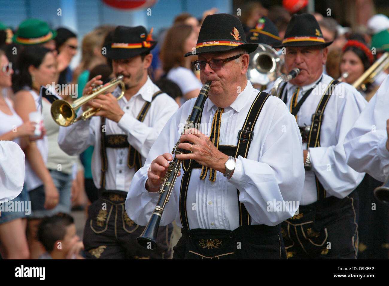 Bavarian style dressed musicians during the Oktoberfest parade Stock ...