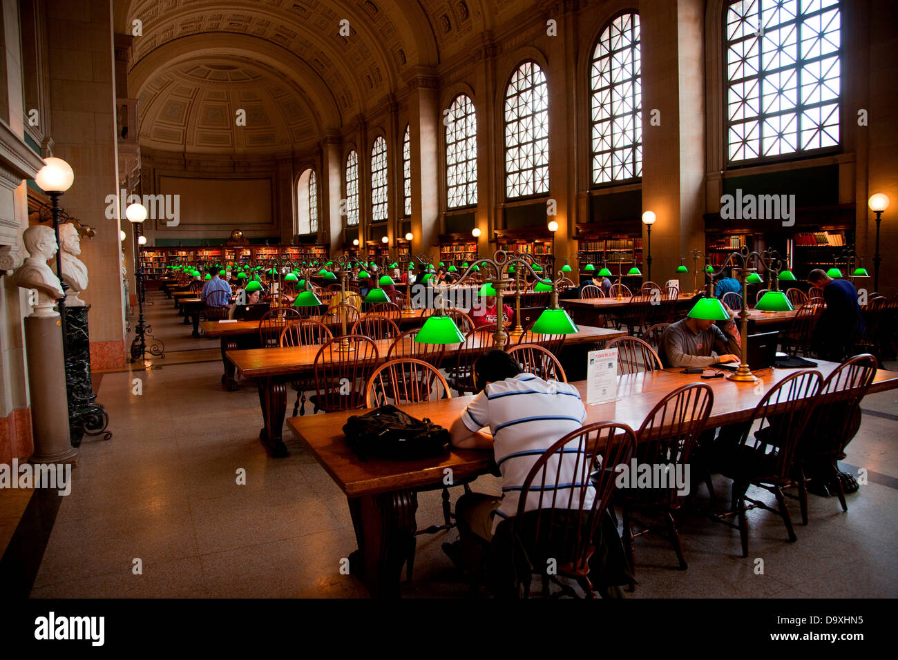 Interior view of reading area of historic Boston Public Library, McKim ...
