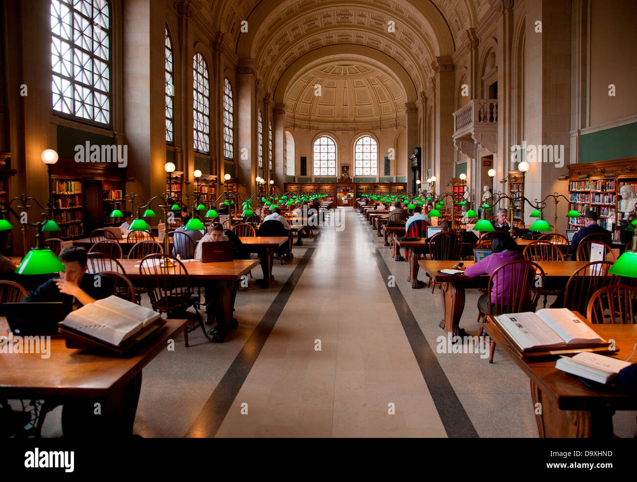 Interior view of reading area of historic Boston Public Library, McKim ...