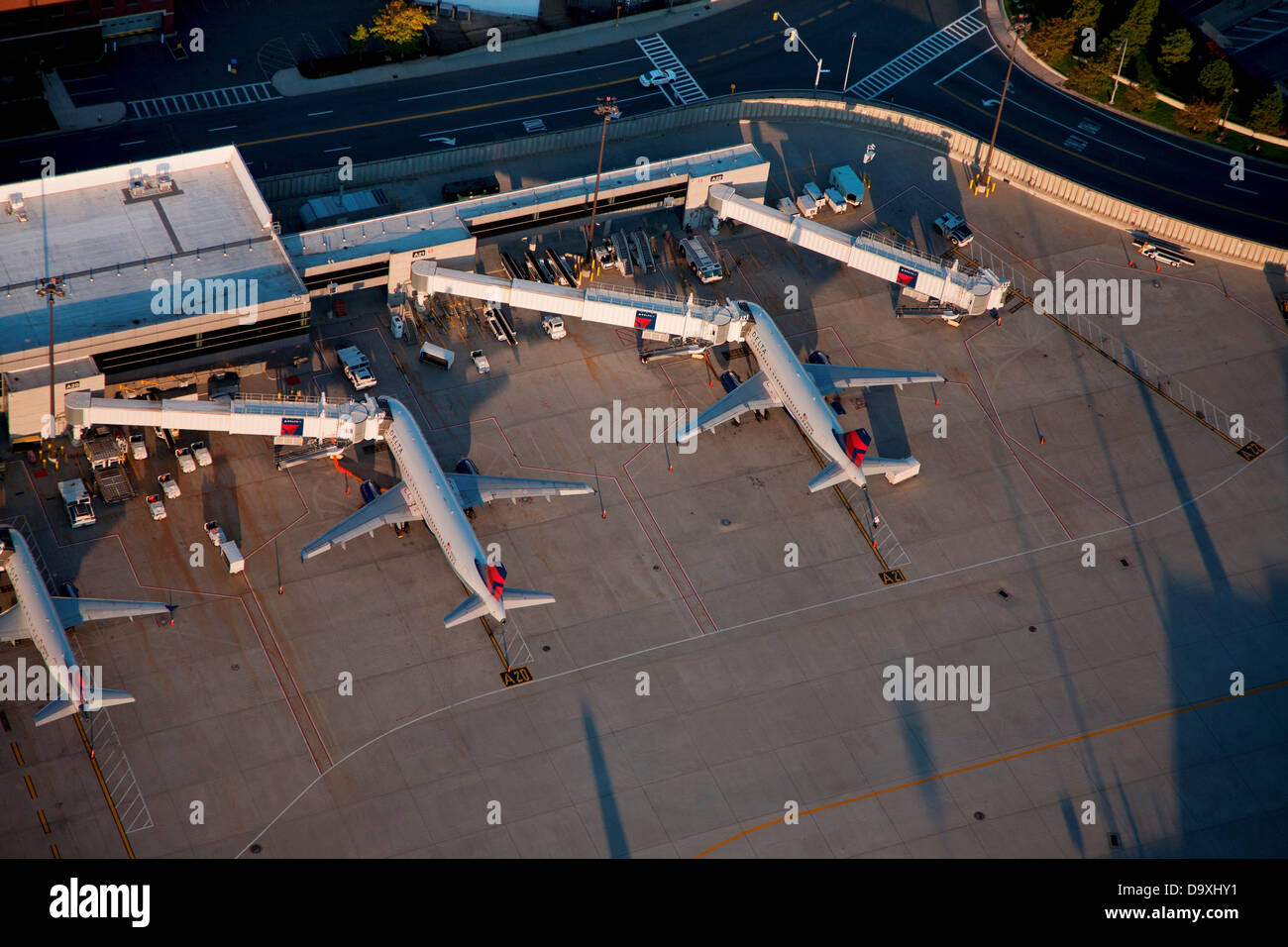 AERIAL VIEW of Delta airplanes at Logan International Airport, Boston ...