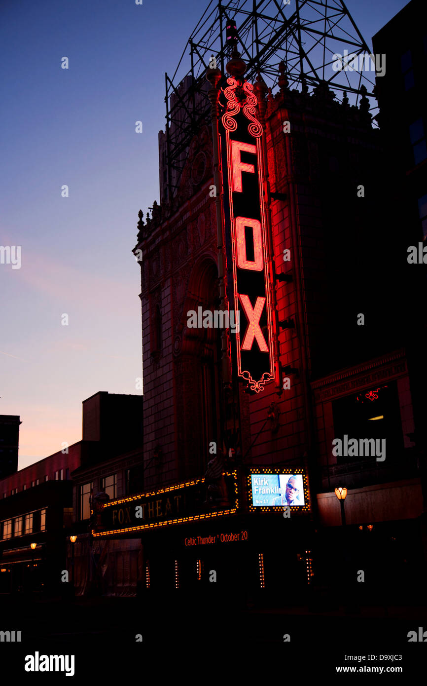 Neon sign of historic Fox Theater on Grand Avenue, downtown, St. Louis ...