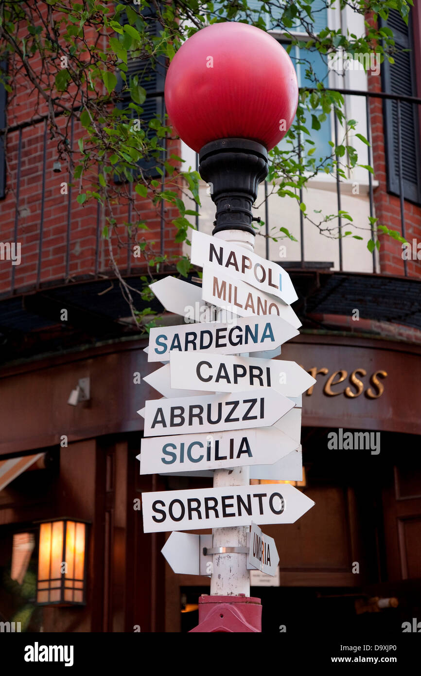 Road signs pointing to famous Italian towns and cities, historic North ...