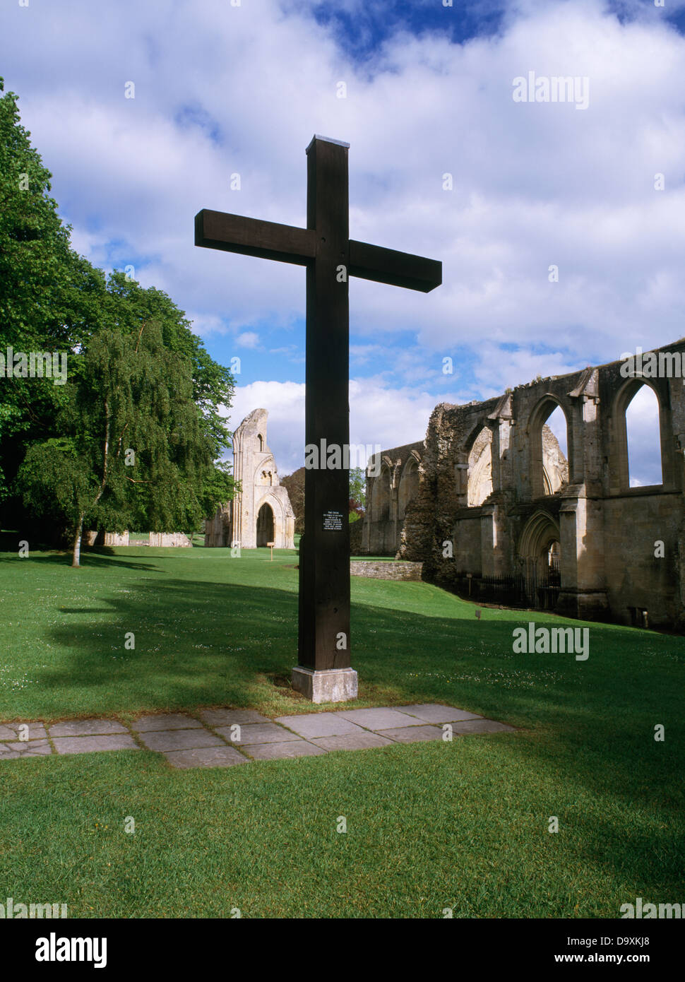 Tall modern wooden cross, gift of Queen Elizabeth II, Glastonbury Abbey ...