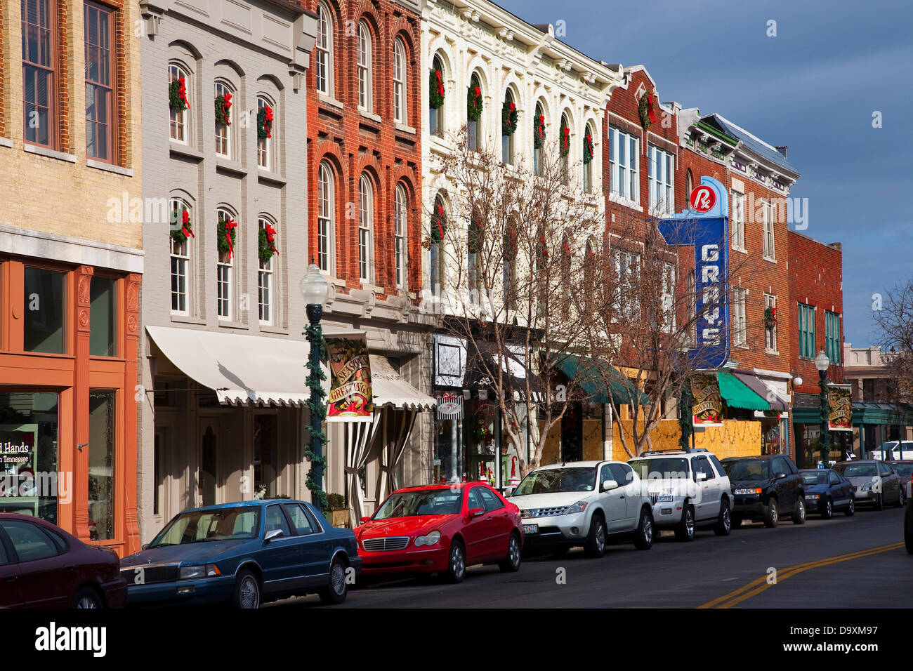 Historic Main Street Red Brick Storefronts parked cars Gray's Pharmacy ...