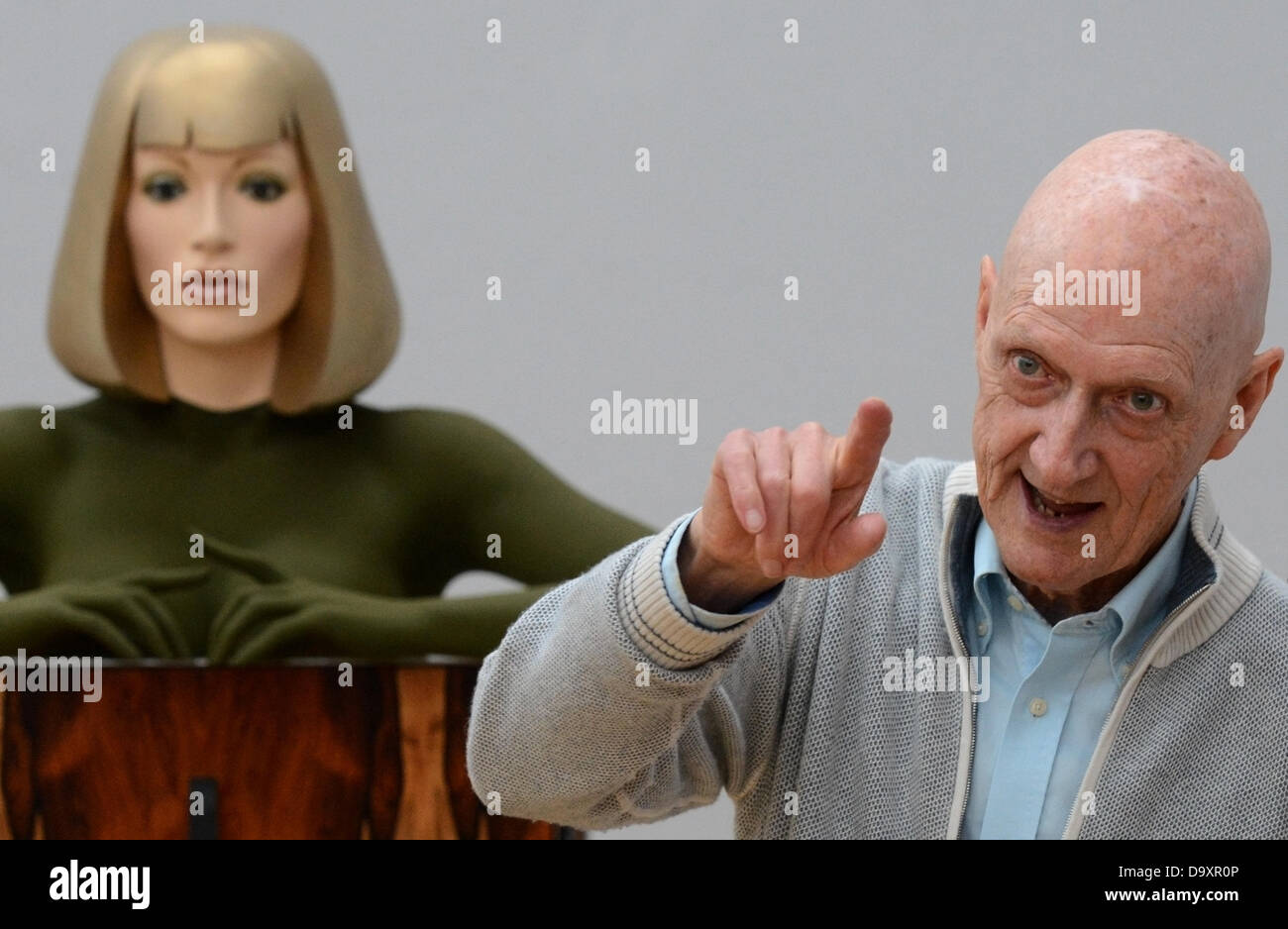 British Pop Artist Allen Jones speaks to the press standing next to the ...