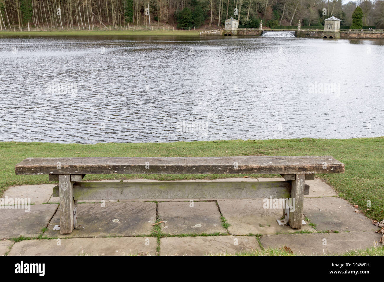 A bench in front of the lake at Studley Royal looking towards the ...