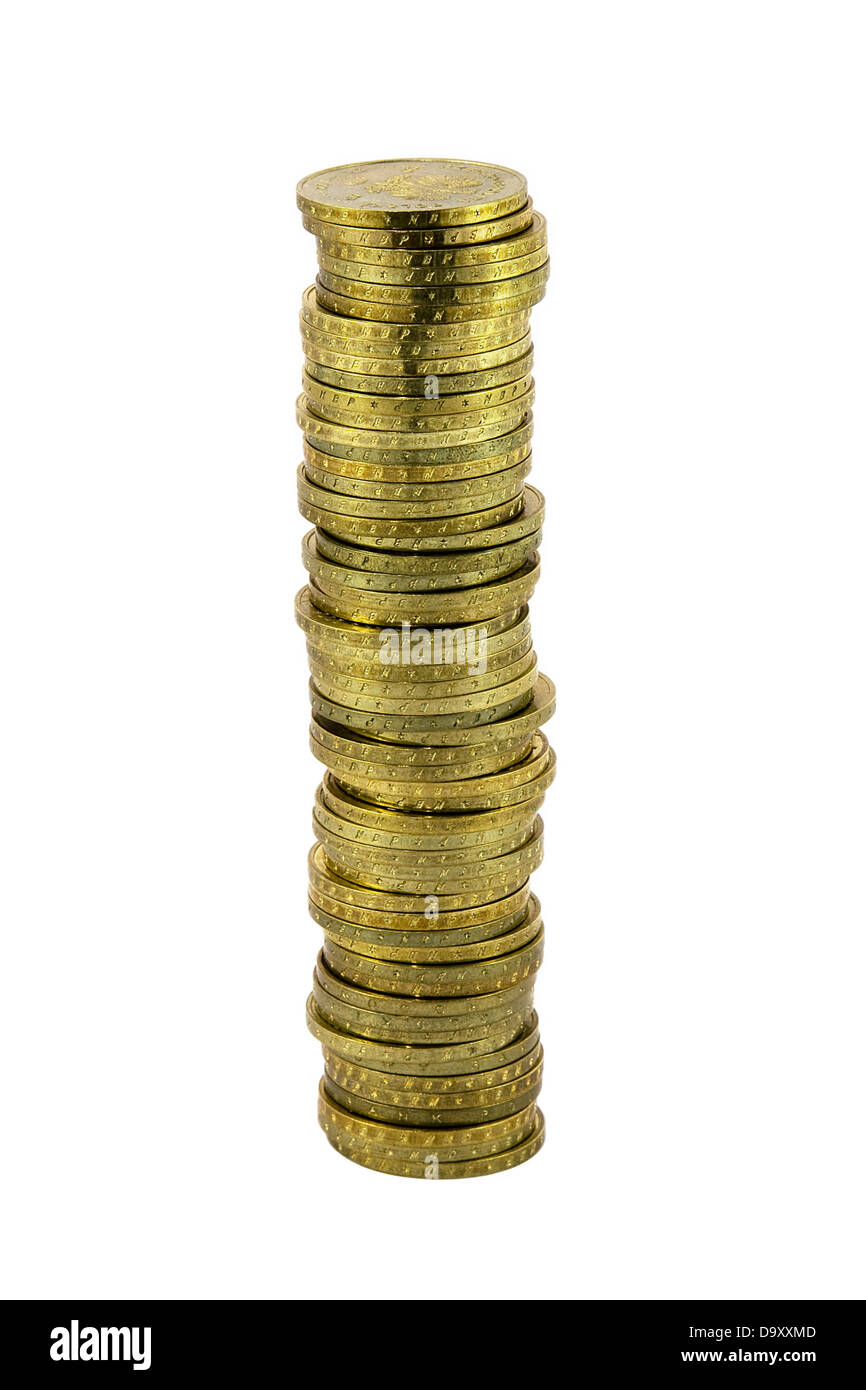 Column of coins isolated on white Stock Photo - Alamy
