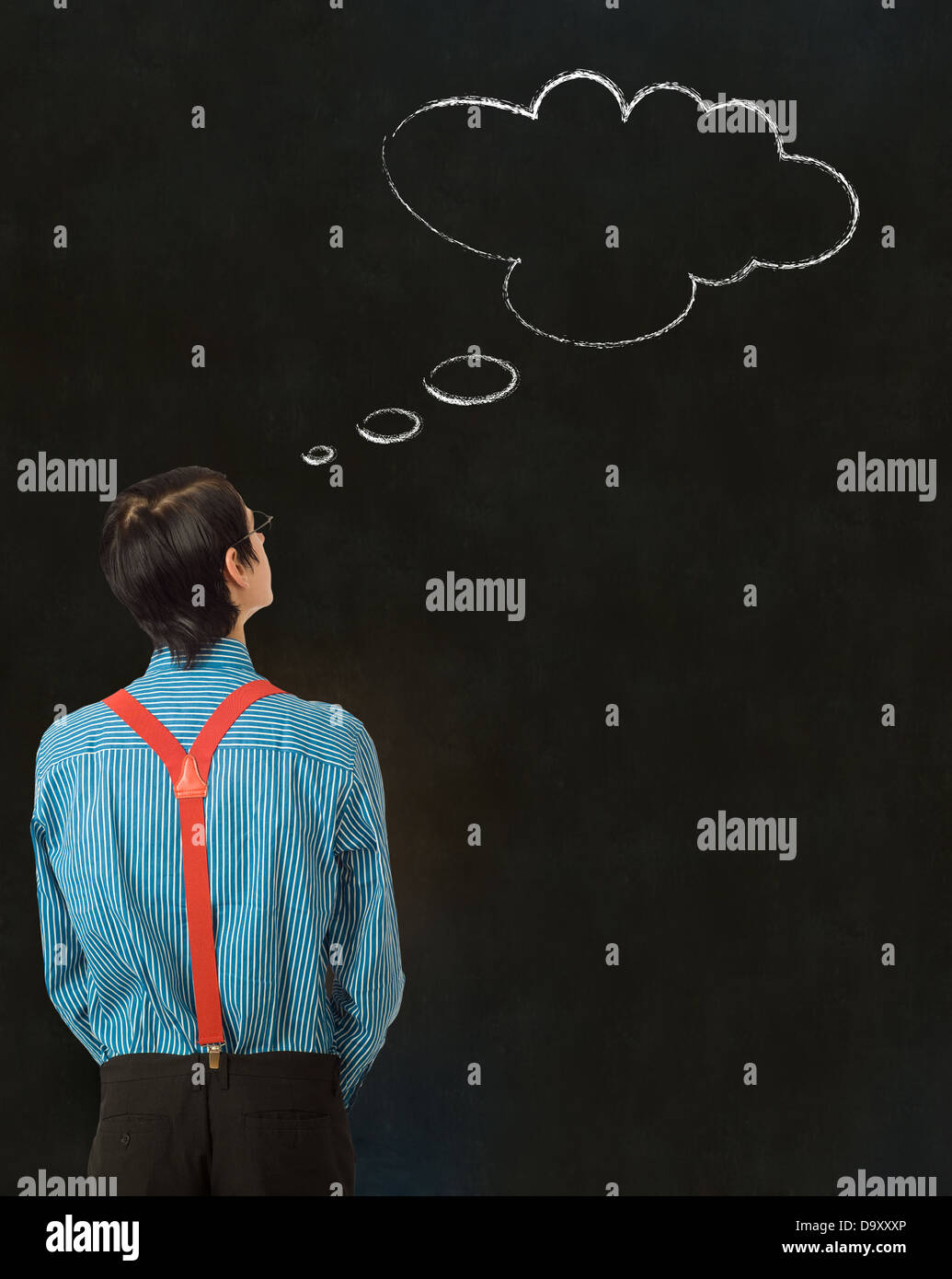 Nerd geek businessman student teacher with thought thinking chalk cloud ...