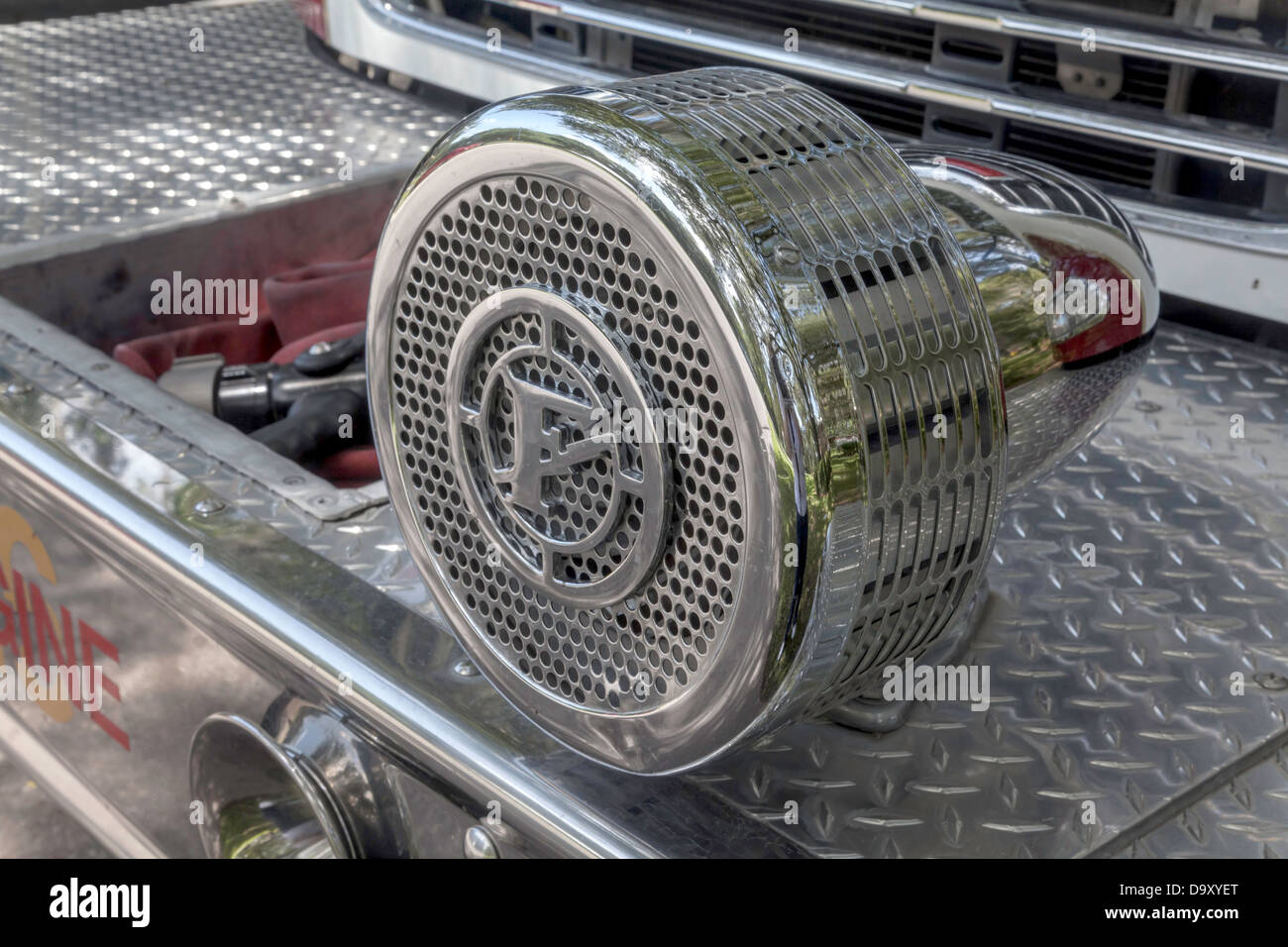 Chrome siren on a Freightliner ladder truck owned by the Micanopy Fire ...