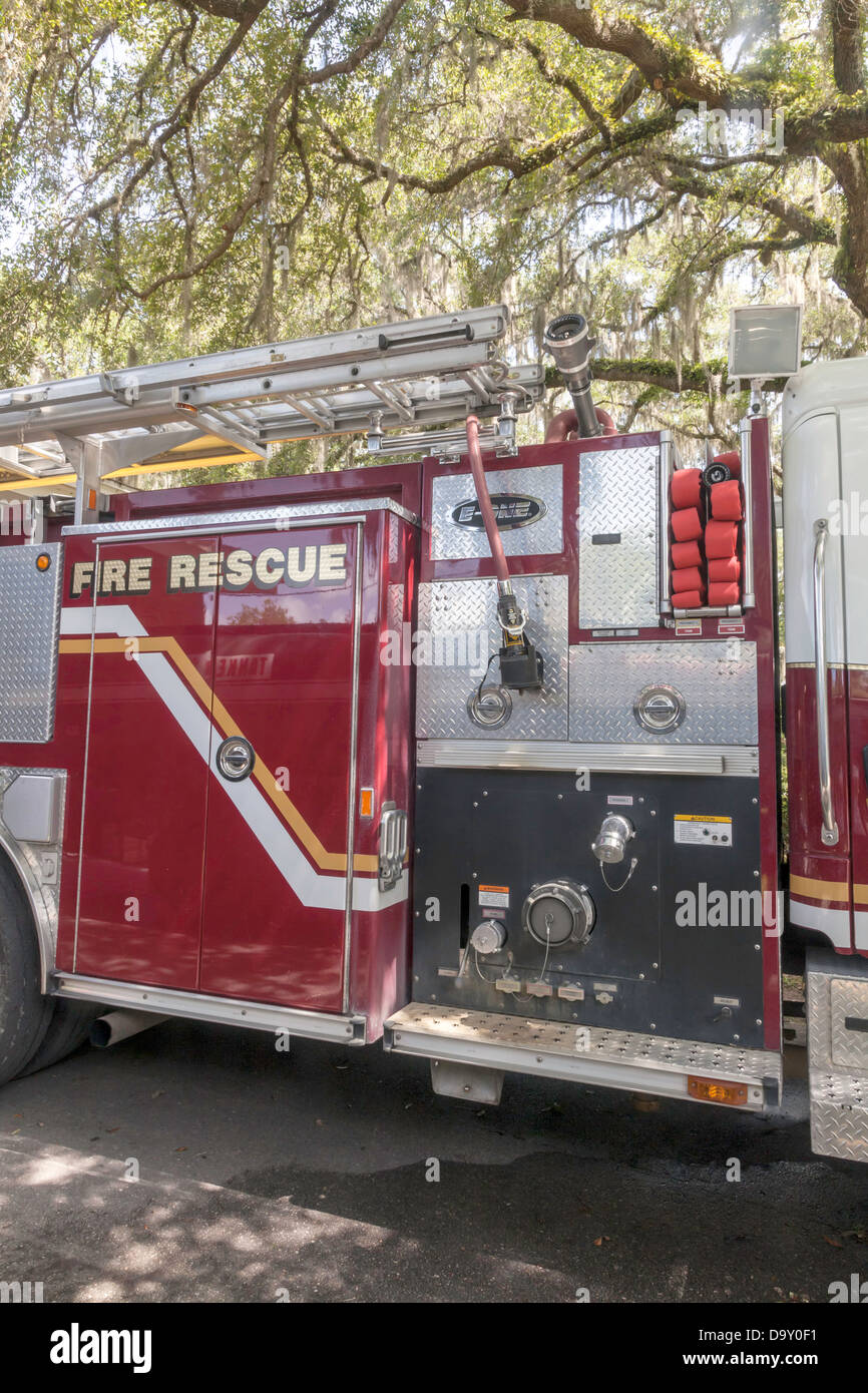 Control panel, hose and ladder on a Freightliner ladder truck owned by ...