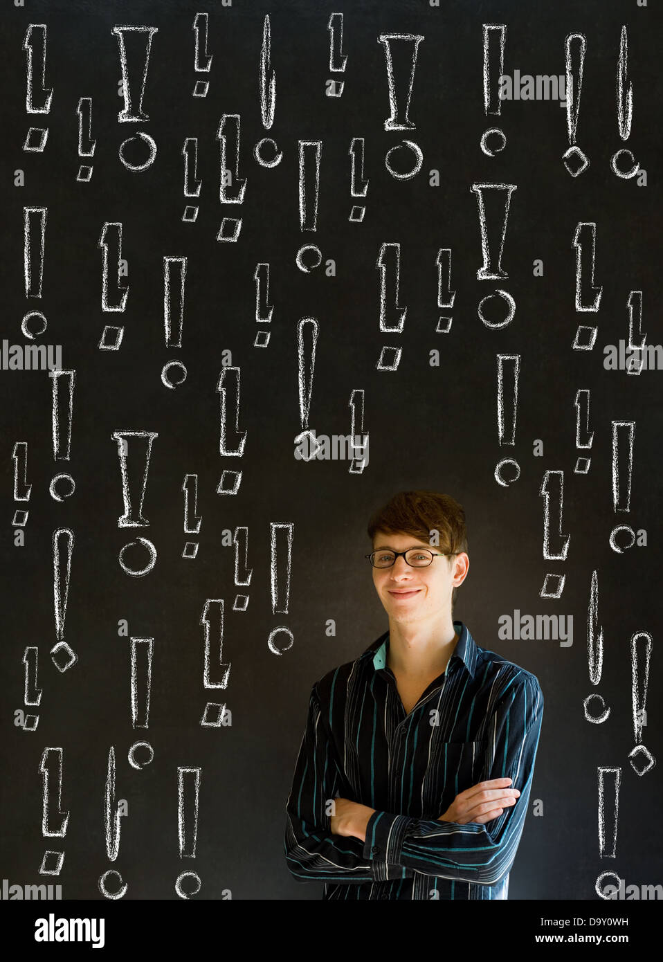 Businessman, student or teacher with chalk exclamation marks on ...