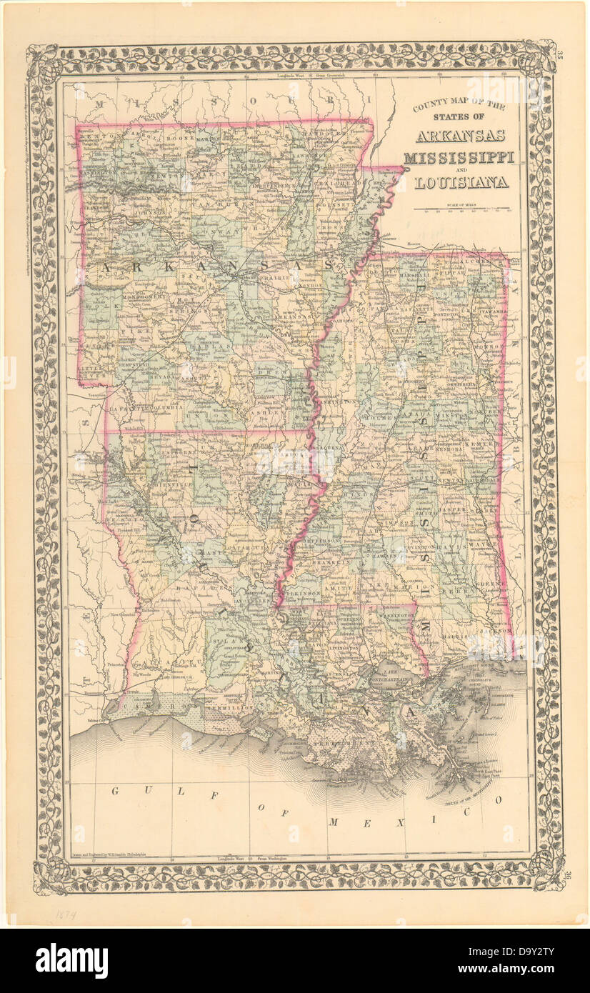 This is a historical county map of the states of Arkansas, Mississippi ...