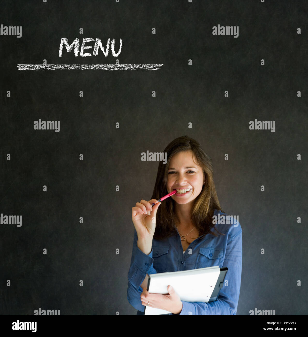 Businesswoman, restaurant owner or chef with chalk menu sign blackboard ...
