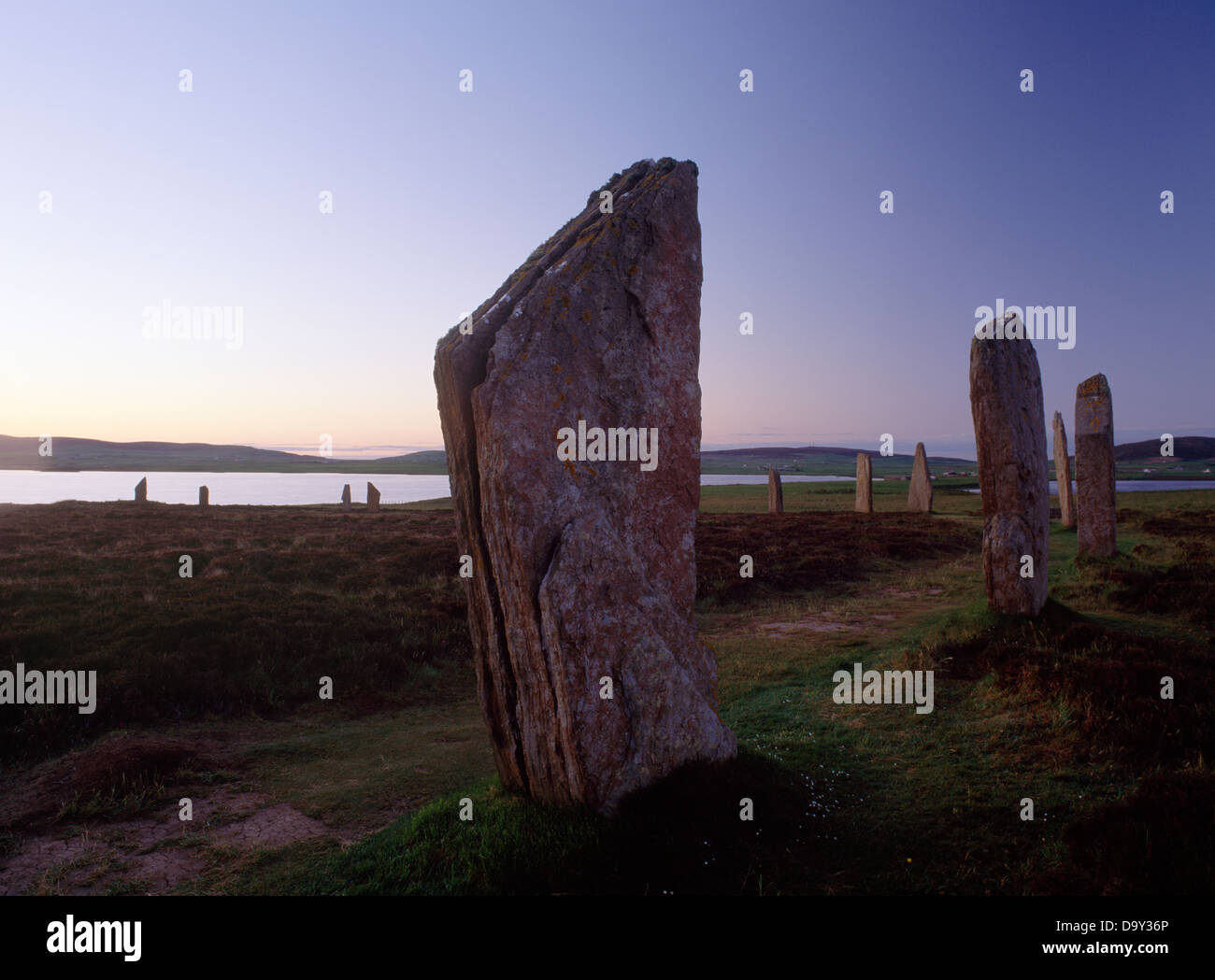 Dawn at the Ring of Brodgar henge and stone circle, Orkney; looking ...