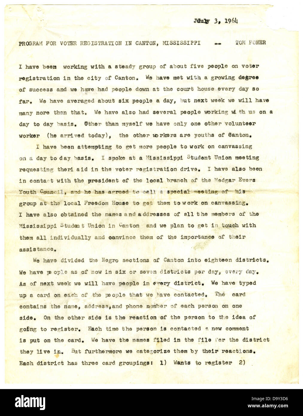 The Freedom Summer papers, including a program from Thomas Foner ...