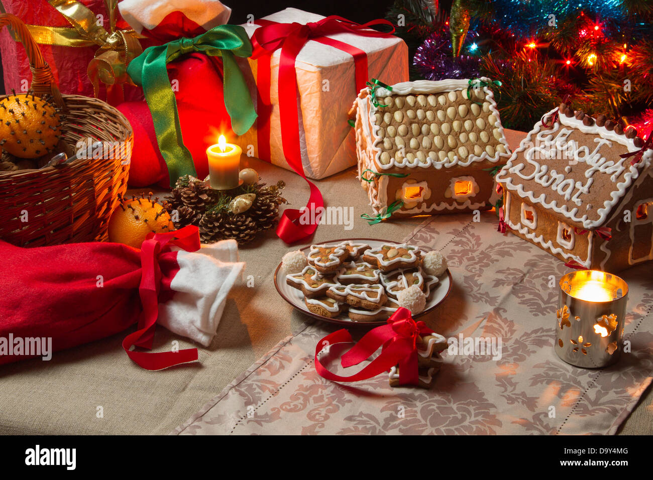 View of the Christmas table with presents and a Christmas tree Stock ...