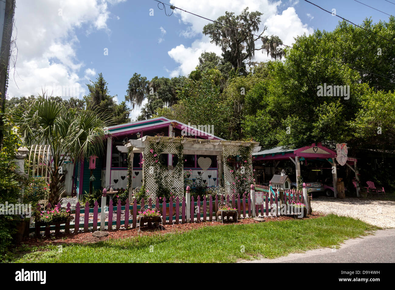 Small town home with trellises and picket fence painted in pink and ...