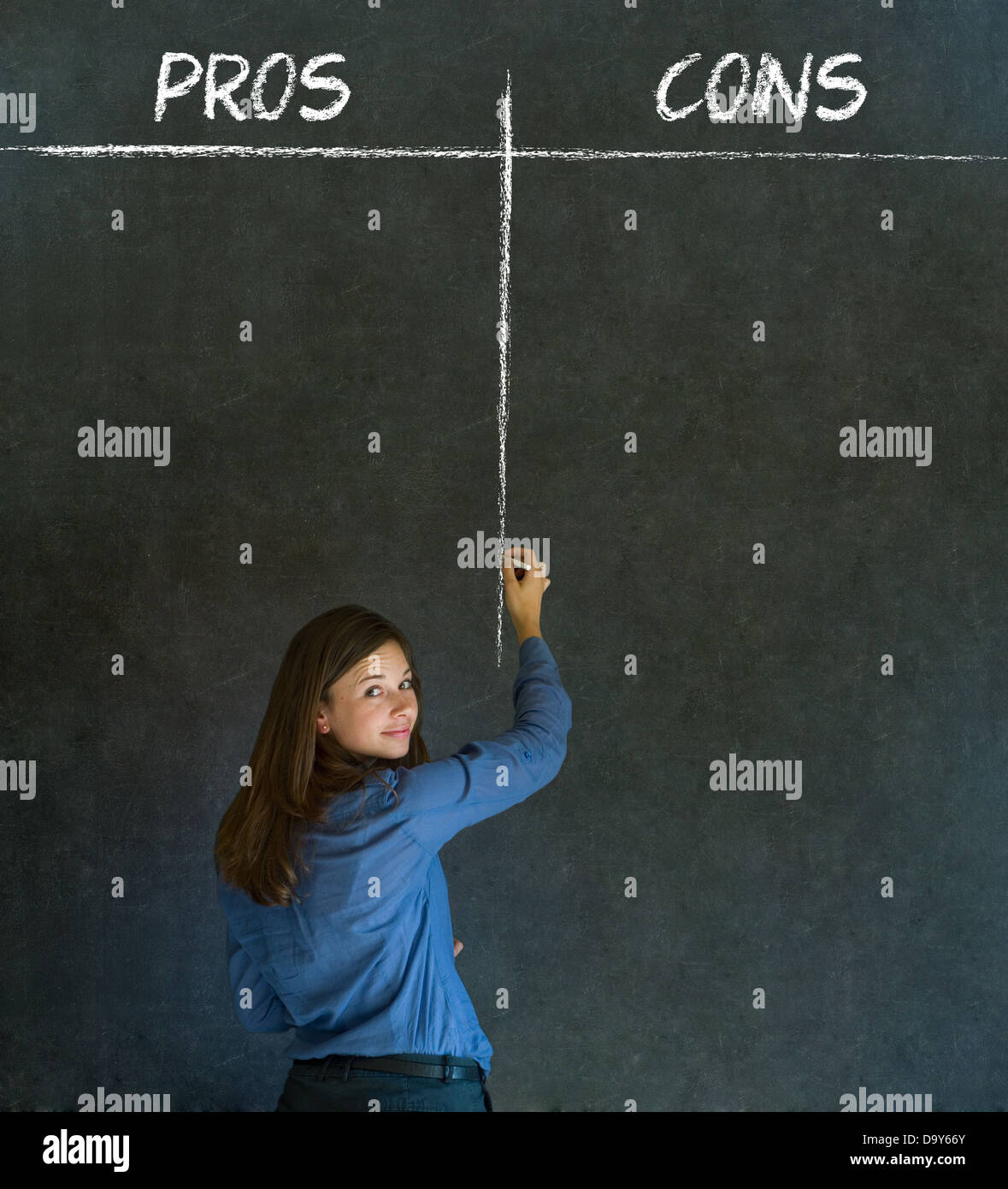 Businesswoman, student or teacher thinking pros and cons decision list ...