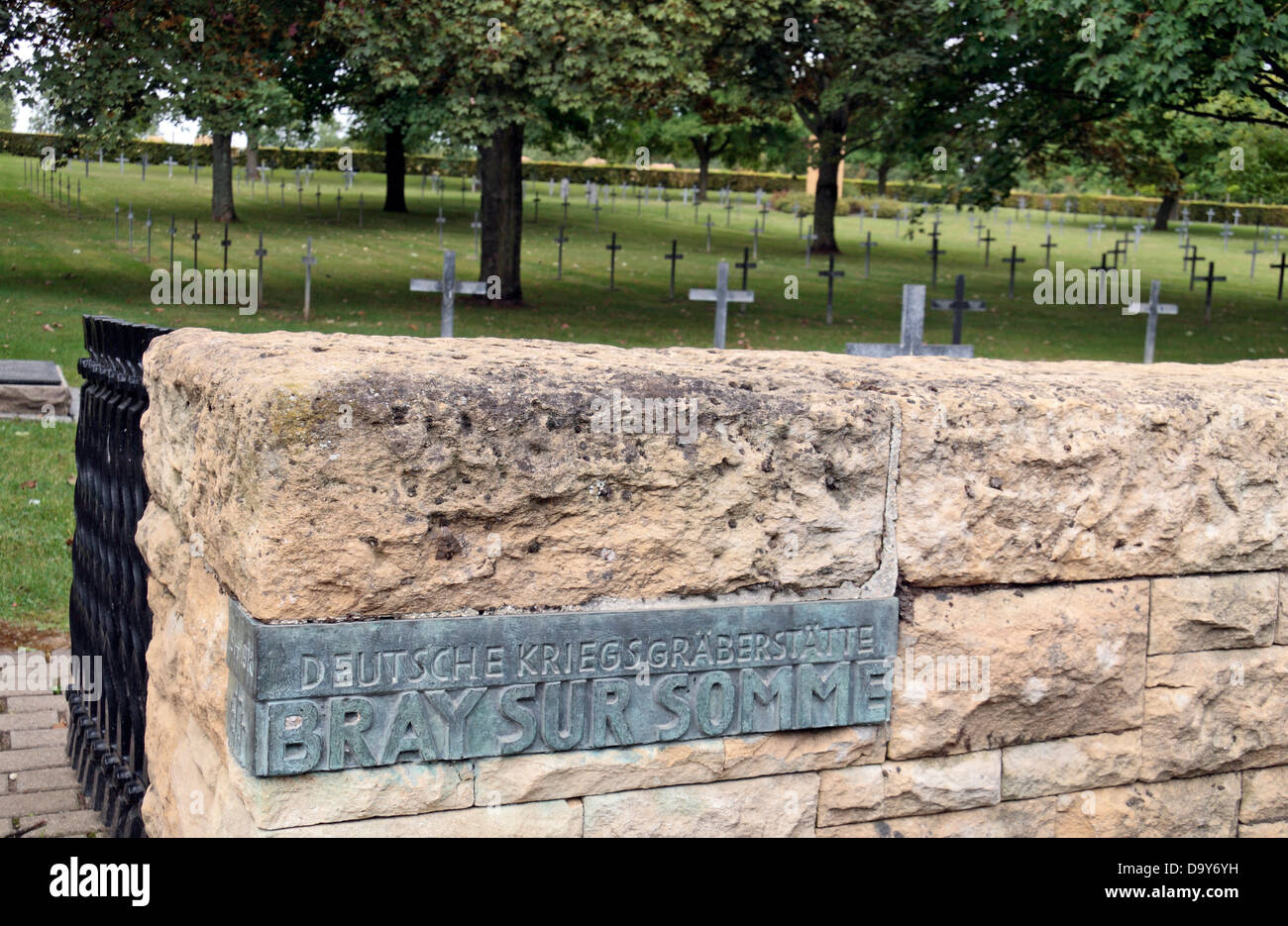 Entrance gate to the German Bray sur Somme cemetery, near Albert, Somme ...