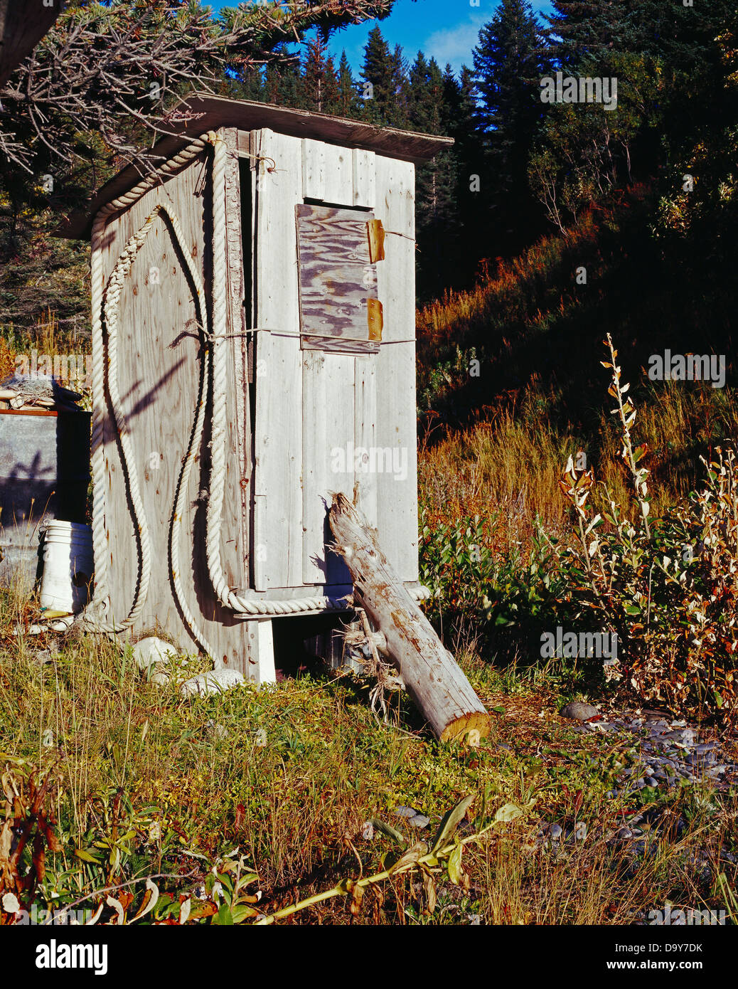 USA, Alaska, Kenai Peninsula, Outhouse with halibut outline done in ...