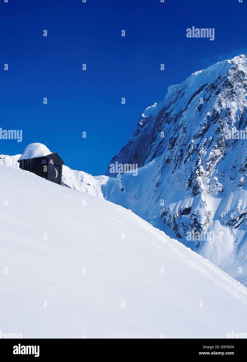 USA, Alaska, Denali National Park, Alaska Range, Outhouse with most ...