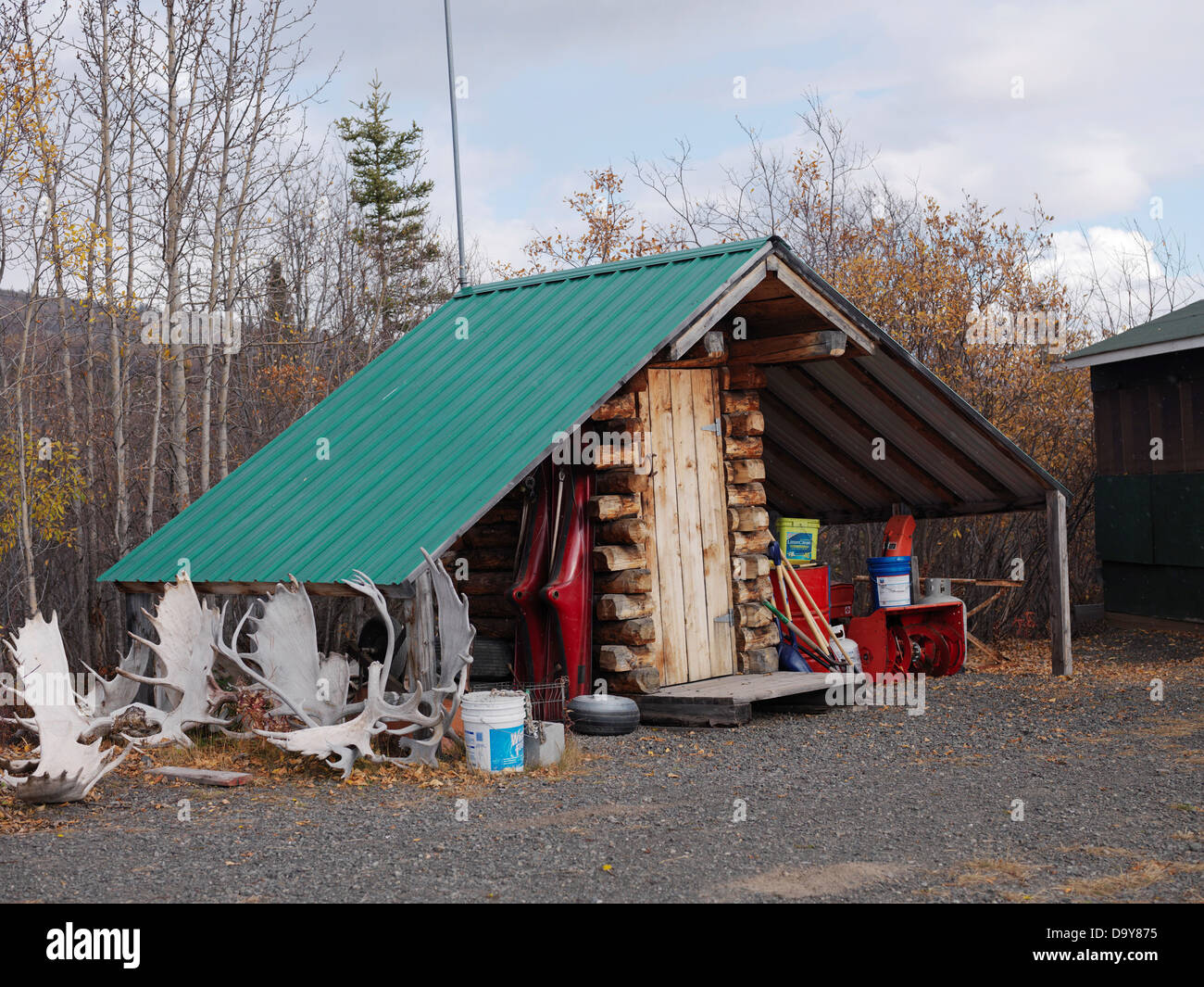 USA, Alaska, Majestic Valley, Log outhouse with oversized roof Stock ...