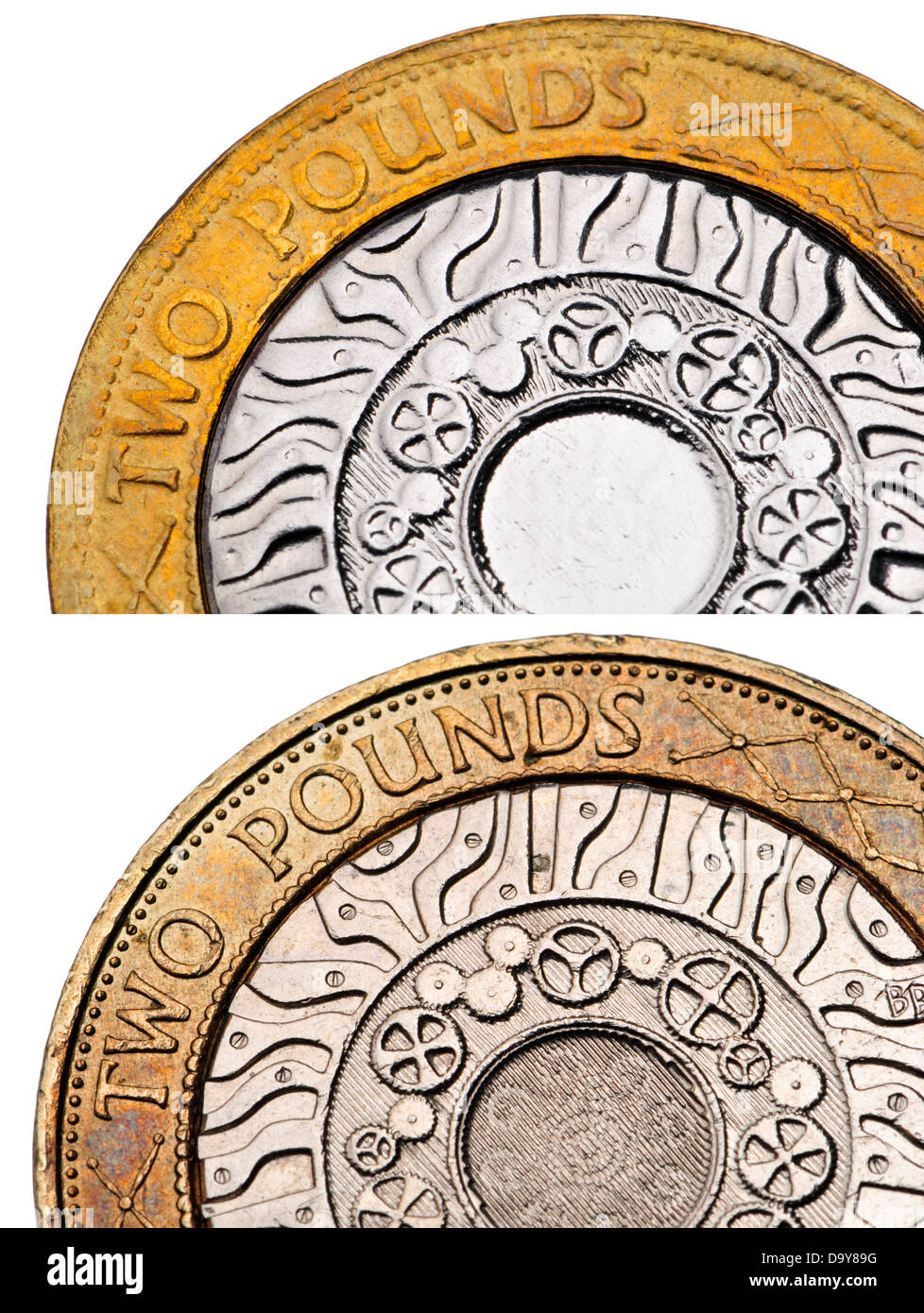 Counterfeit British £2 coin (top) compared to genuine (bottom) showing ...