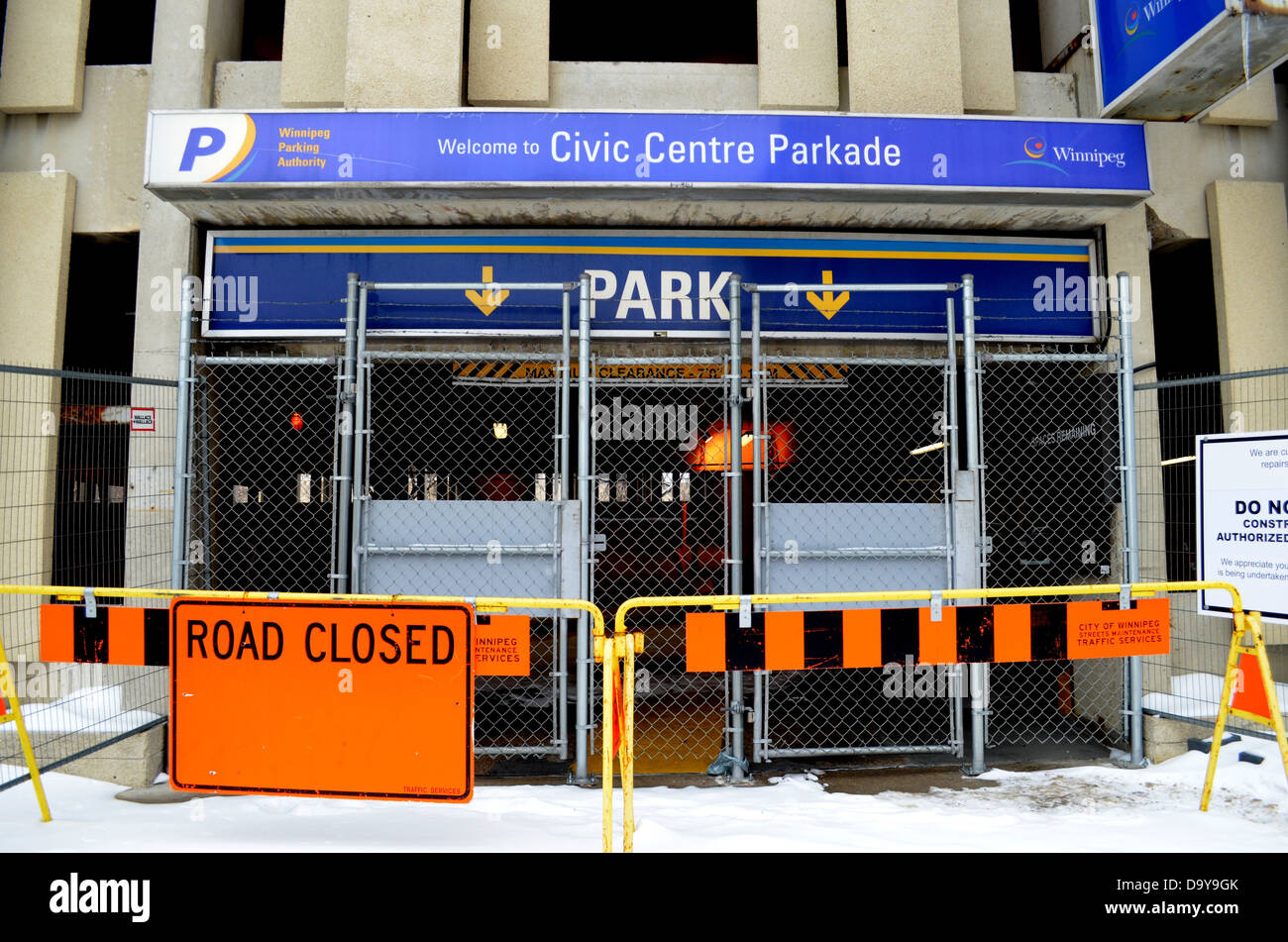 Civic Centre Parkade Entrance with barricades (Winnipeg, Manitoba Stock ...