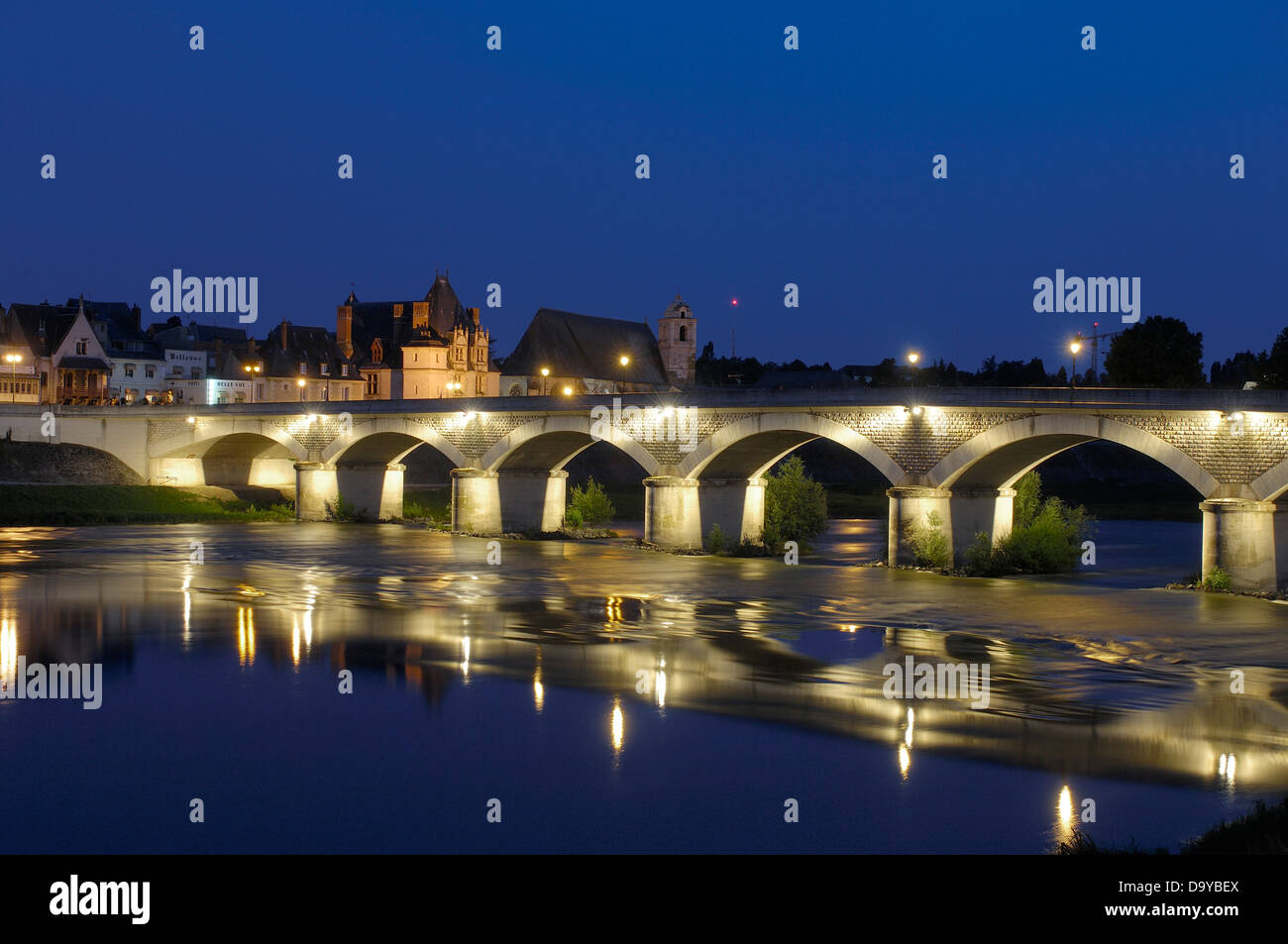 Bridge over the Loire River at Dusk, Amboise, Indre-et- Loire, Loire ...