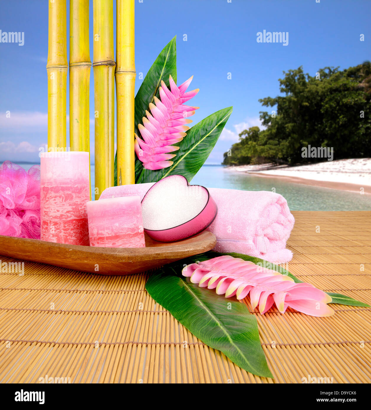 Spa setting in pink tone in a tropical resort Stock Photo - Alamy